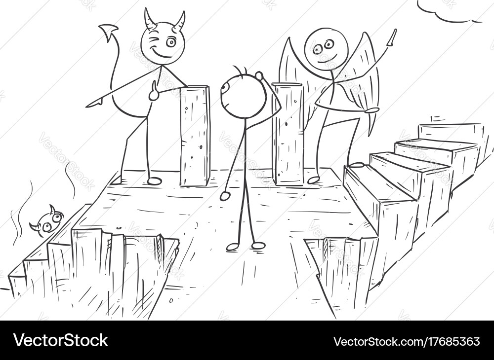 Cartoon angel and devil showing man two ways Vector Image