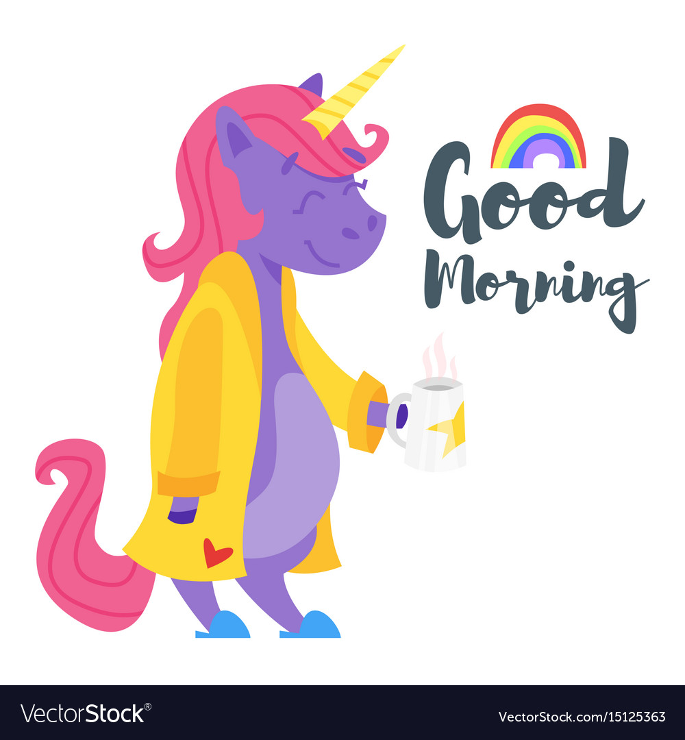 Happy unicorn drinking tea in morning Royalty Free Vector