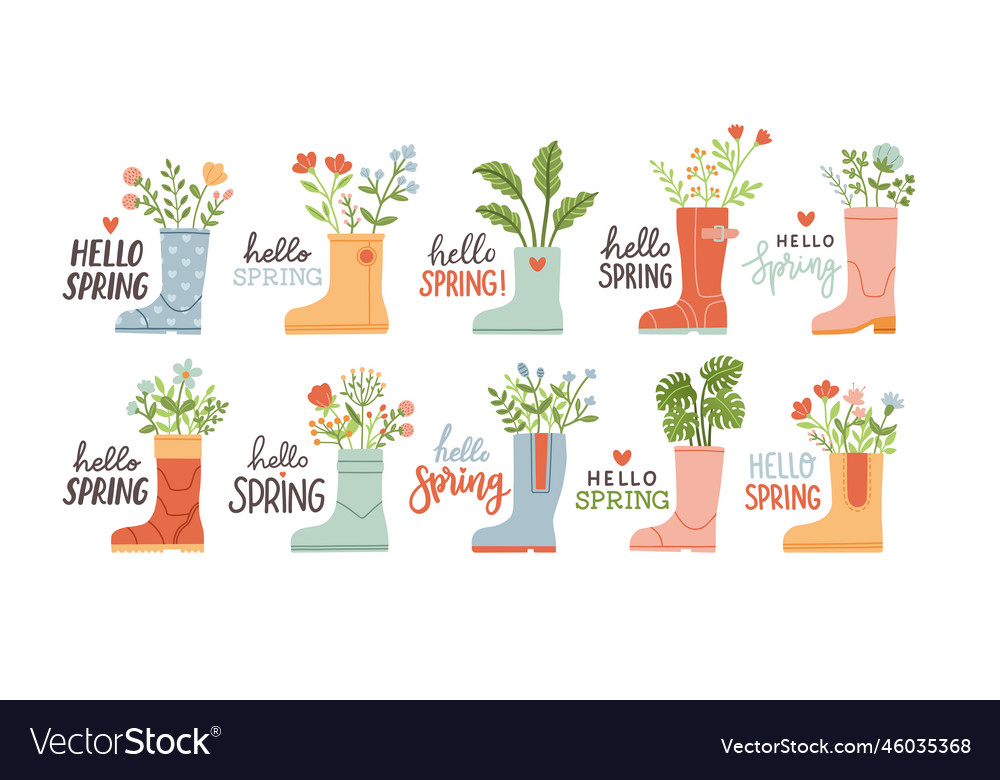 Hello spring cute rain boots set with flowers Vector Image