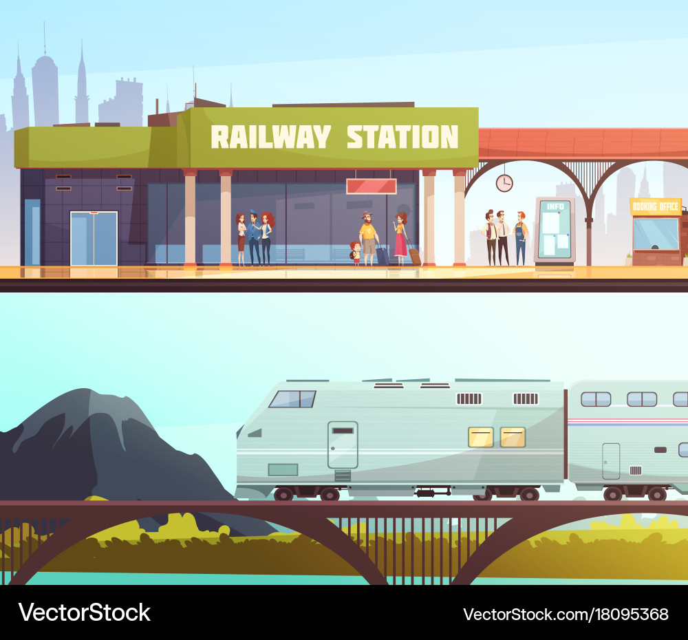 Railway station and bridge horizontal banners Vector Image