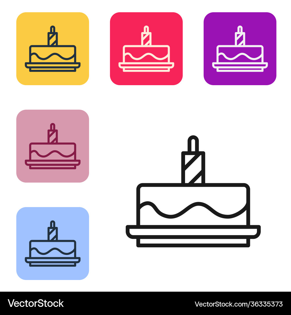 Black line cake with burning candles icon isolated