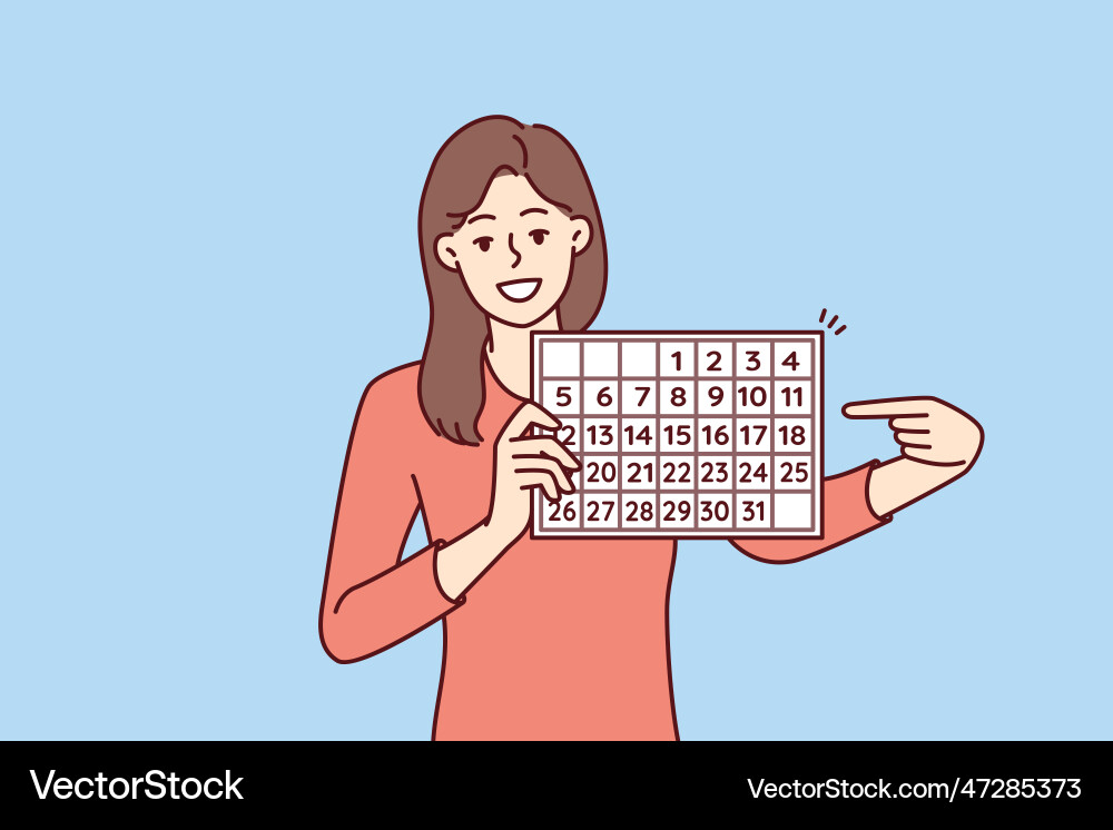 Woman with calendar points finger at dates Vector Image