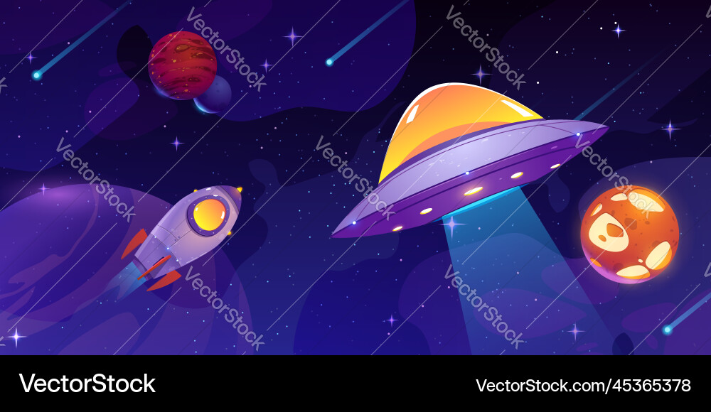 Cartoon rocket and alien ufo flying in outer space