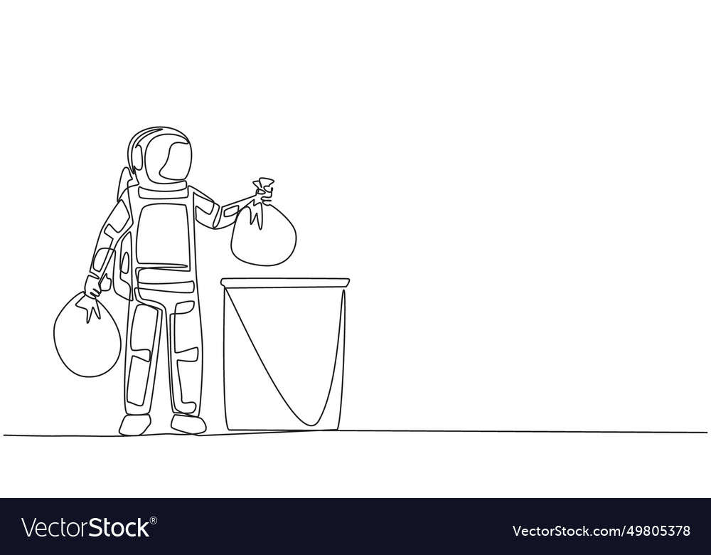 Continuous one line drawing astronaut puts trash Vector Image Continuous one line drawing astronaut puts trash Vector Image