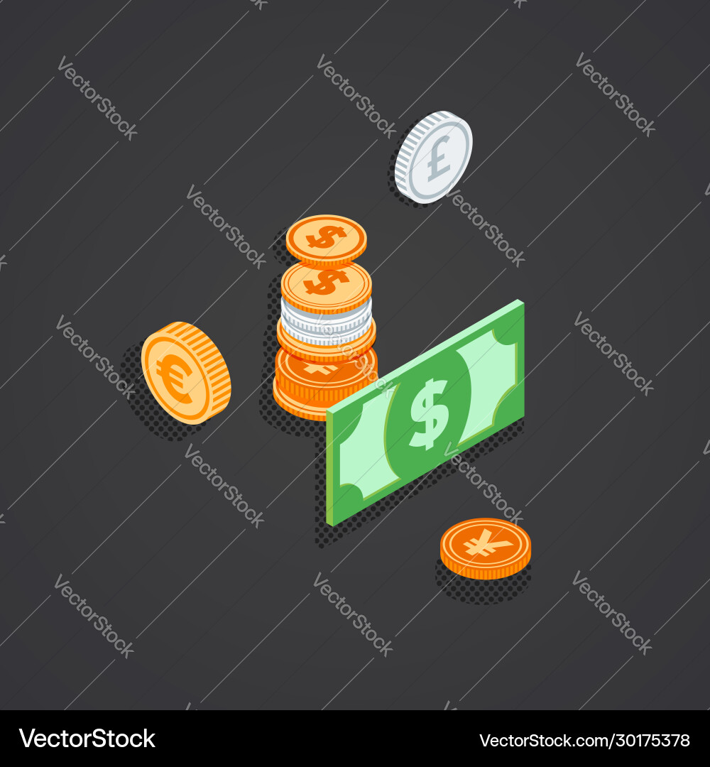 Isometric coins bank note money Royalty Free Vector Image