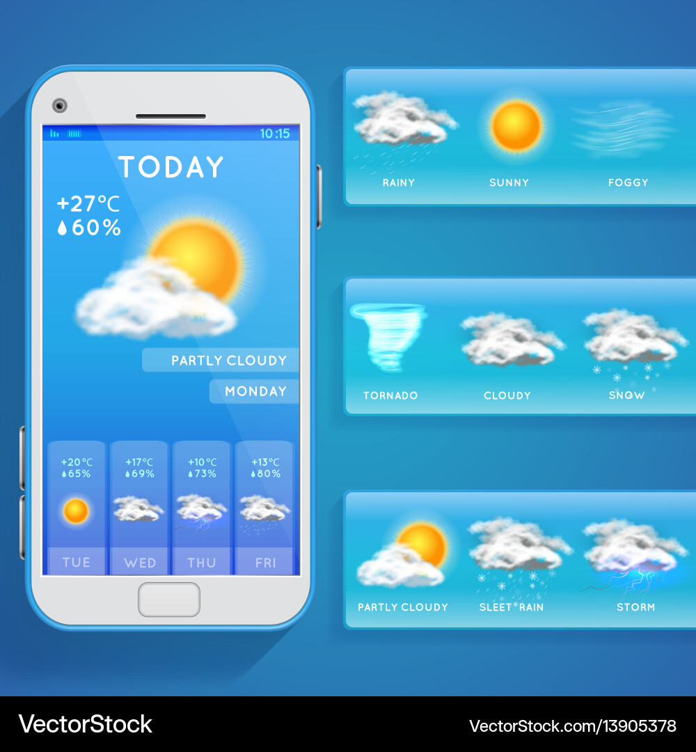 Weather forecast app on smartphone screen and Vector Image