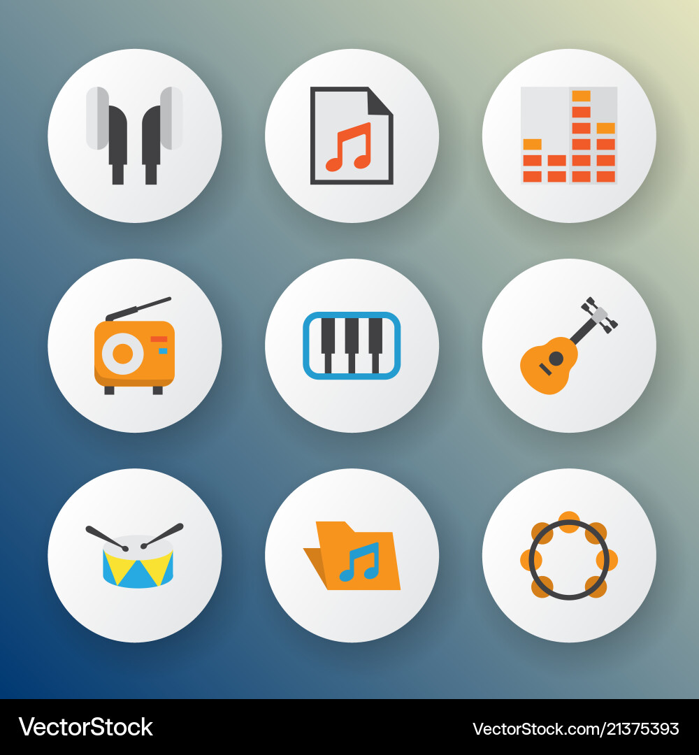 Audio icons flat style set with archive Royalty Free Vector