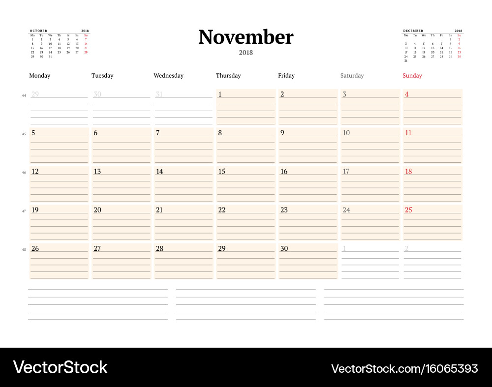 Calendar planner template for 2018 year november Vector Image