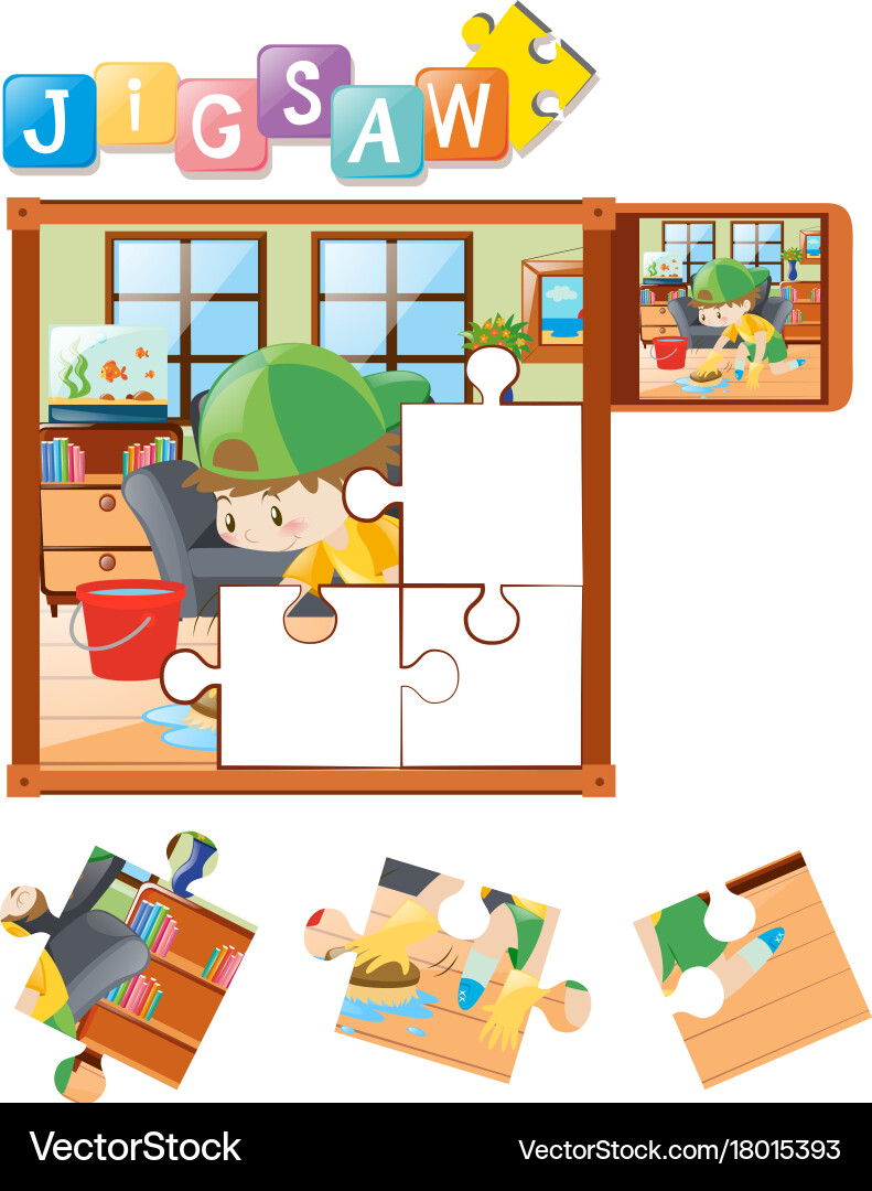 Jigsaw puzzle pieces with boy cleaning floor Vector Image