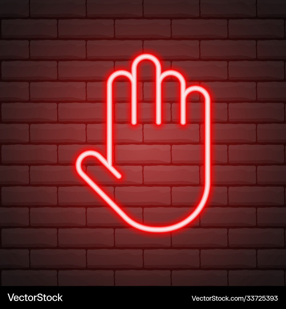Neon sign hand palm red on a brick wall Royalty Free Vector