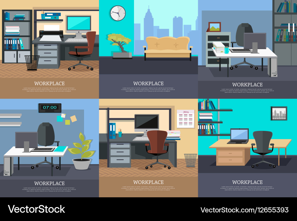 Set of Office Interior Web Banners in Flat Design Vector Image