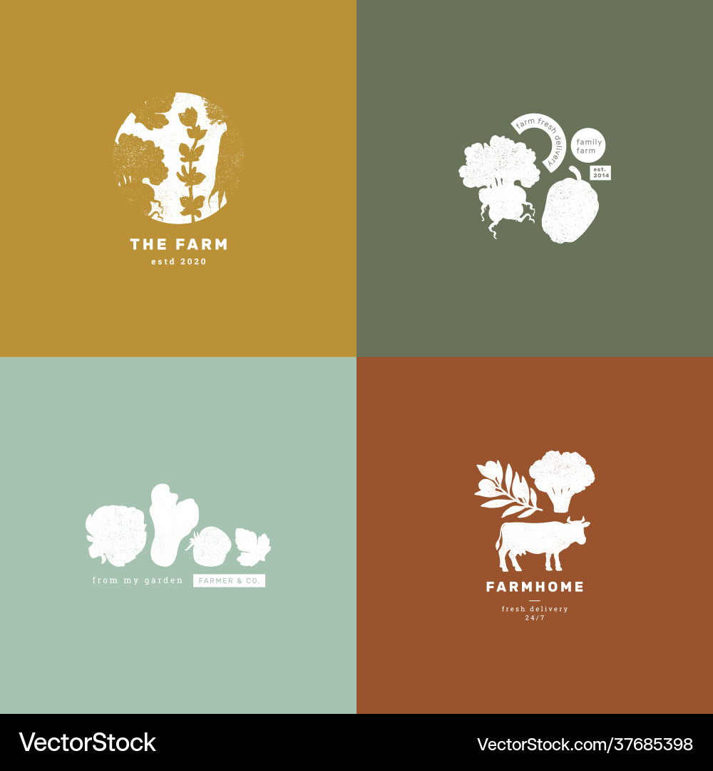 Farm elements logo collection silhouette linocut Vector Image
