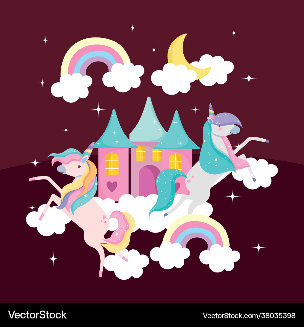 Unicorns castle fantasy Royalty Free Vector Image