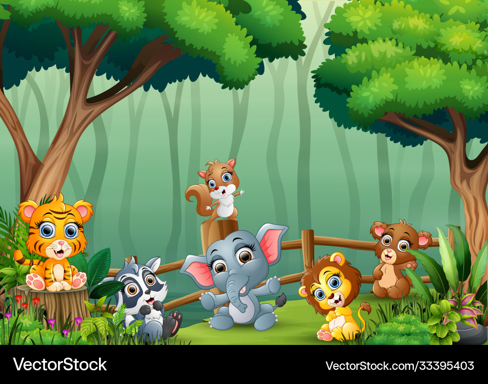 A group baby animals playing inside wooden Vector Image
