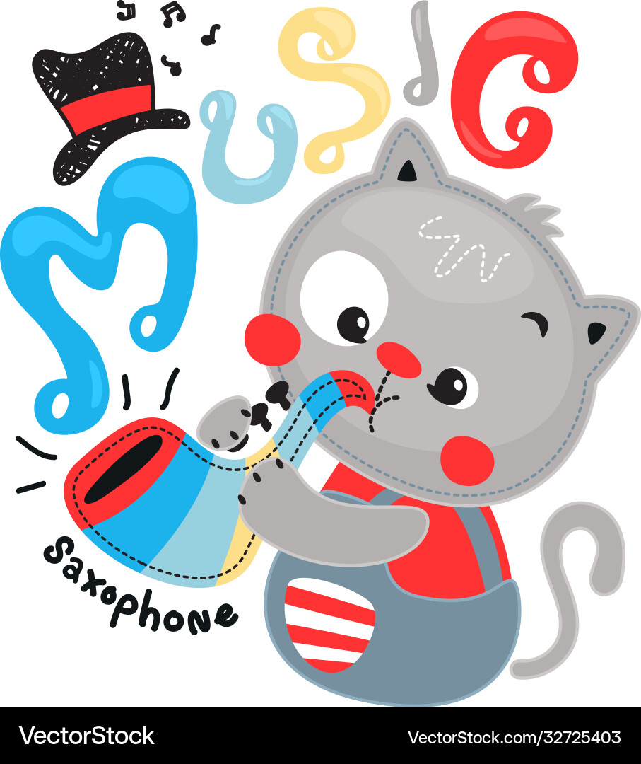 Cute cartoon cat blowing saxophone Royalty Free Vector Image