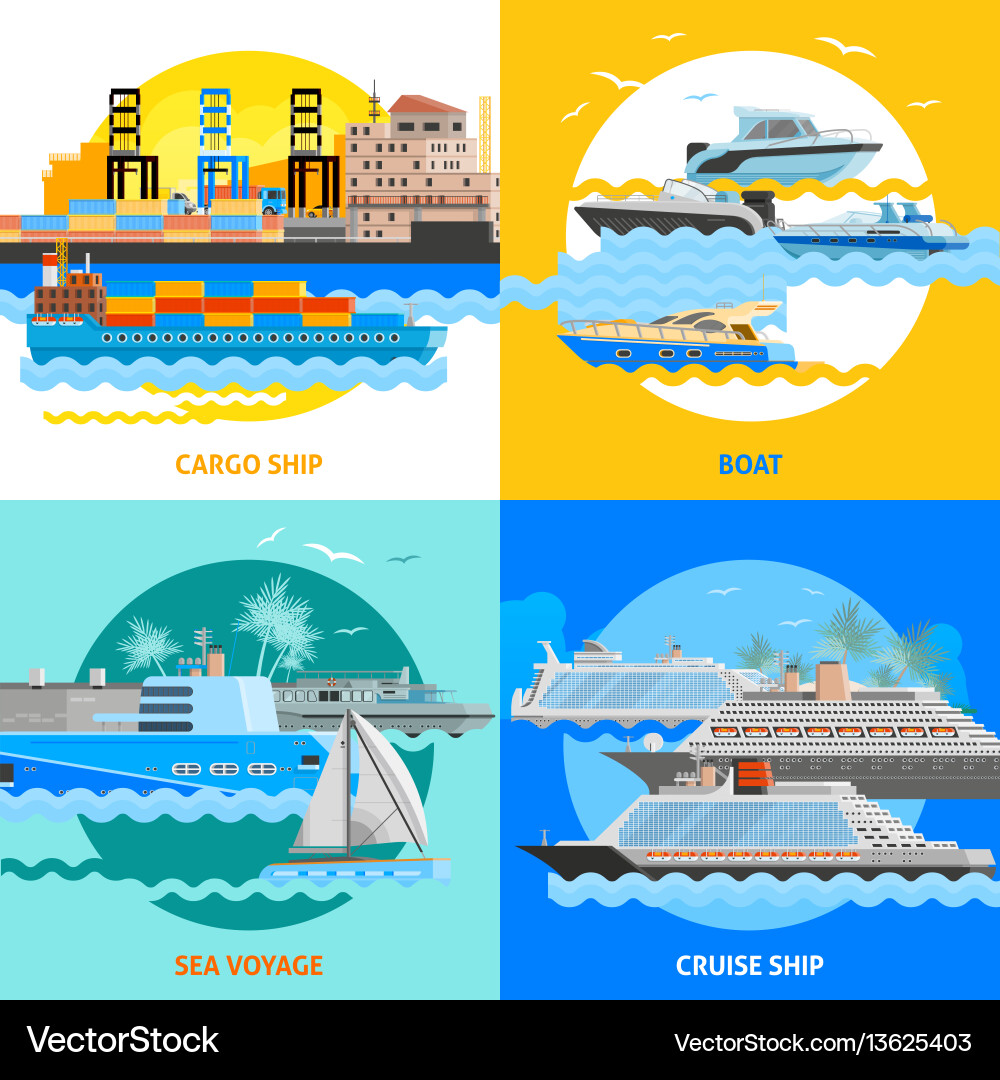 Water transport 2x2 flat design concept set Vector Image