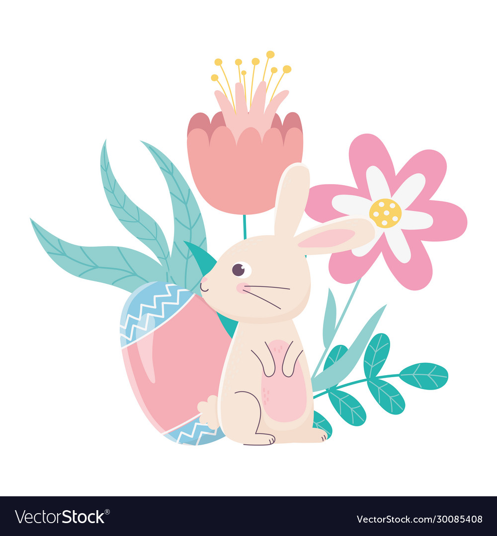 Happy easter day rabbit egg flowers folaige Vector Image