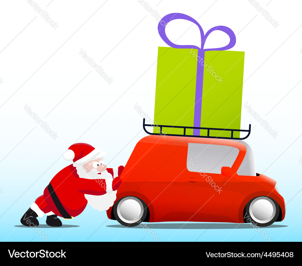 Santa pushing a red mini car with gift box Vector Image