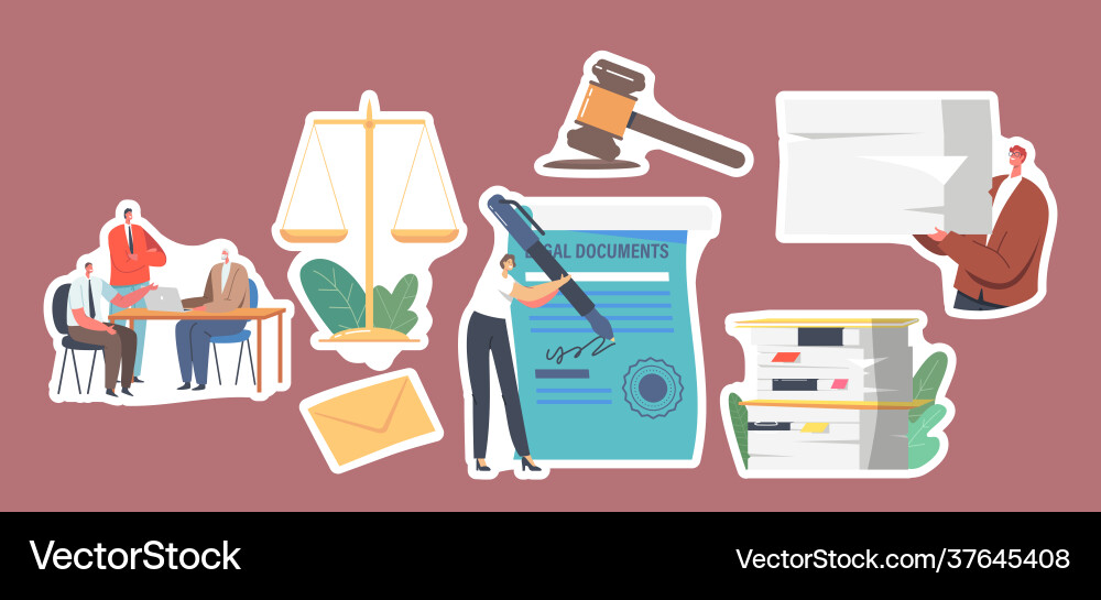 Set stickers characters signing legal documents Vector Image