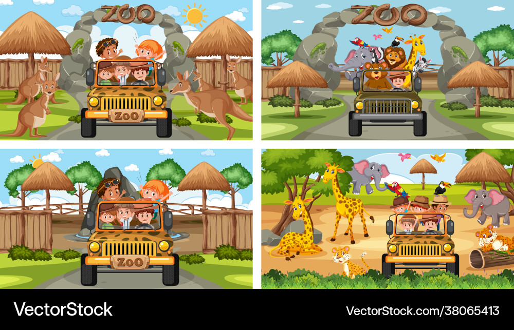 Four different zoo scenes with kids and animals Vector Image