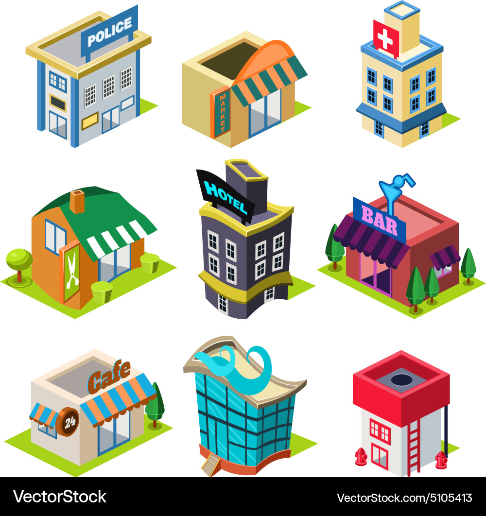 Set isometric city buildings and shops Royalty Free Vector