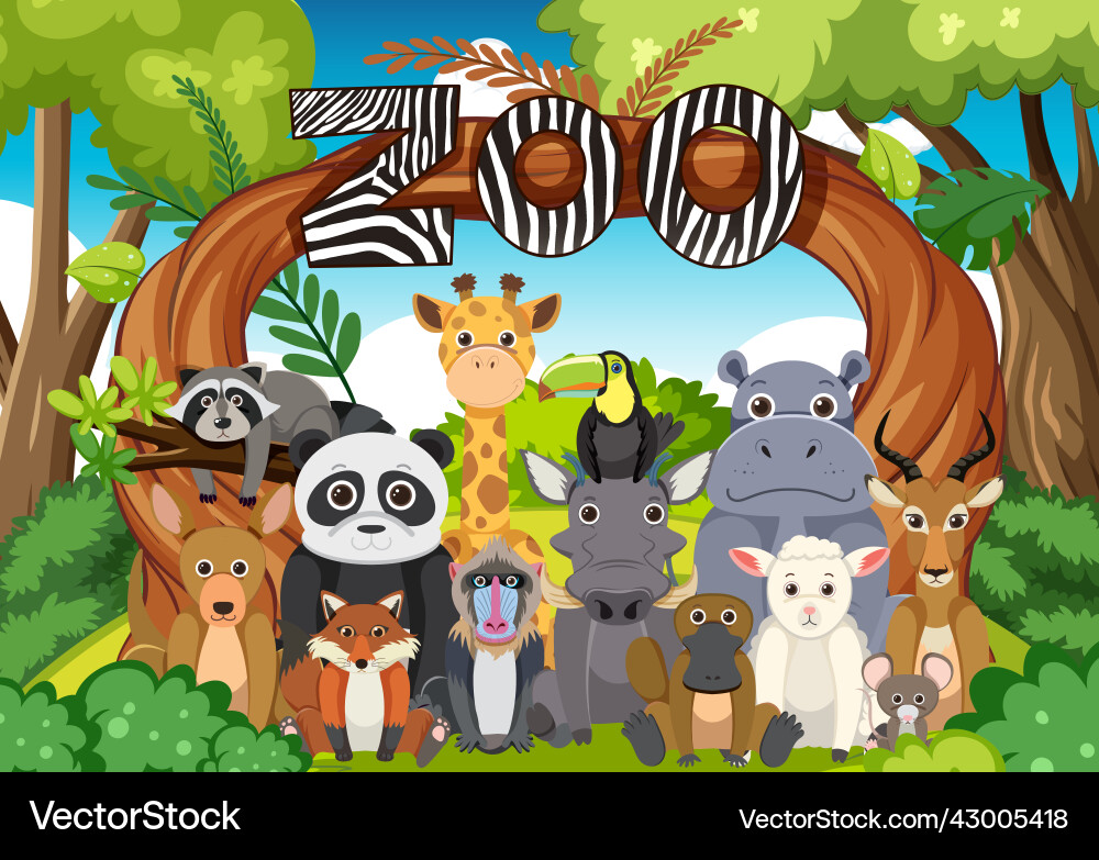 Zoo animals group in flat cartoon style Royalty Free Vector