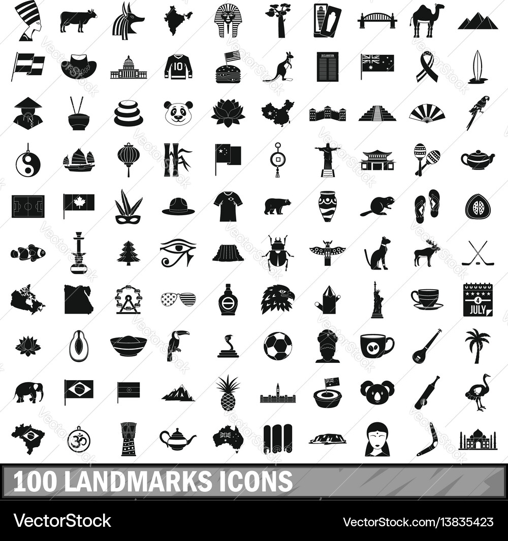 100 landmarks icons set simple style Royalty Free Vector