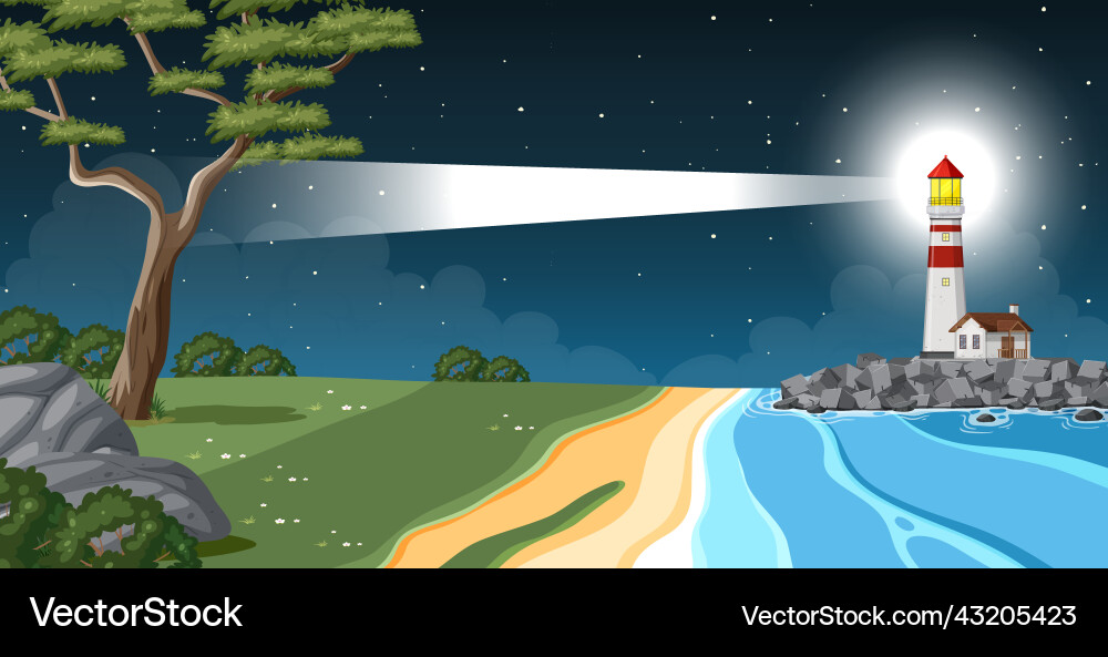 Lighthouse sea coast at night background Vector Image