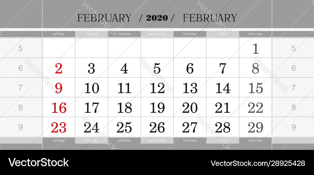 February 2020 quarterly calendar block wall Vector Image