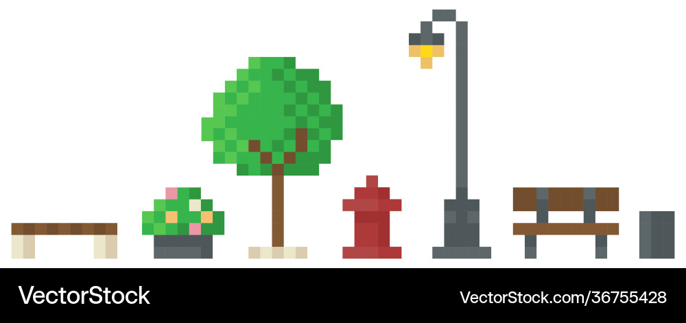 Pixel art game scene with trees bushes benches Vector Image