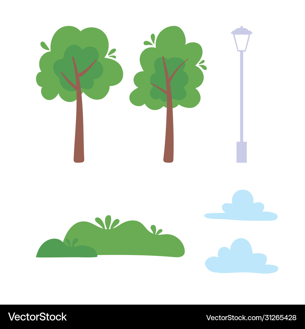 Trees bushes and lamp post clouds icons design Vector Image