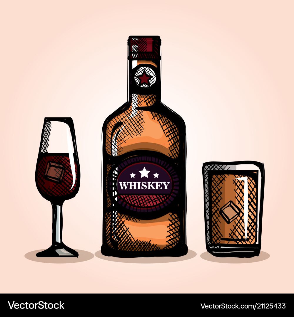 Best whiskey bottles and cups Royalty Free Vector Image