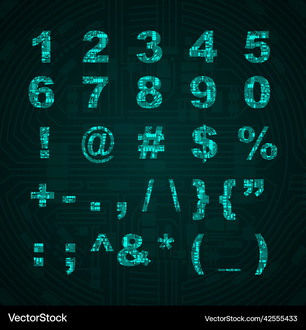 Electric circuit crypto english numbers Royalty Free Vector
