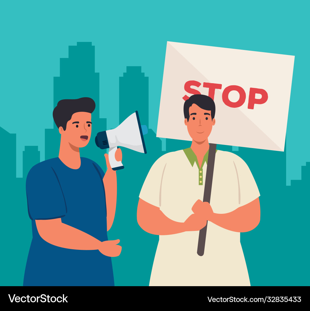 Men protests with placard and megaphone activists Vector Image