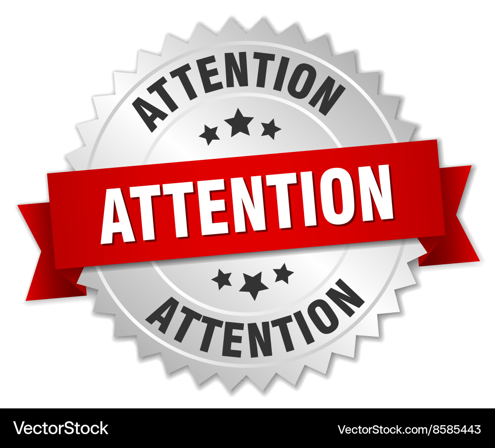 Attention 3d silver badge with red ribbon Vector Image