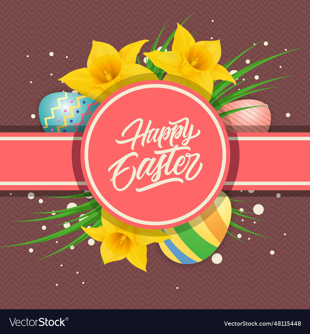 Happy Easter Lettering In Circle Daffodil Vector Image