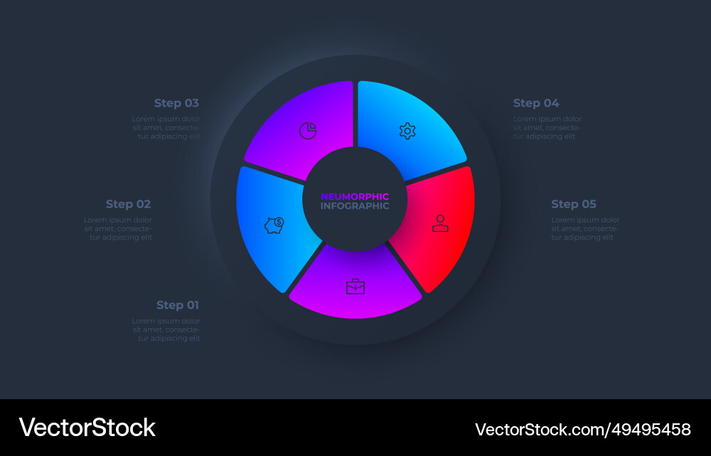 Dark cycle neumorphism diagram divided into 5 Vector Image