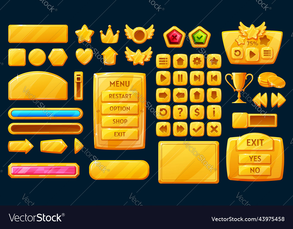 Golden interface game buttons ui gui elements Vector Image