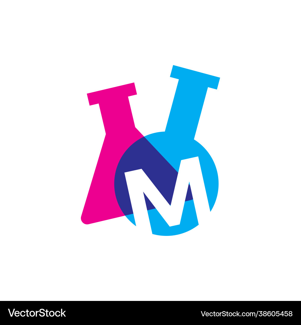 M letter lab laboratory glassware beaker logo icon