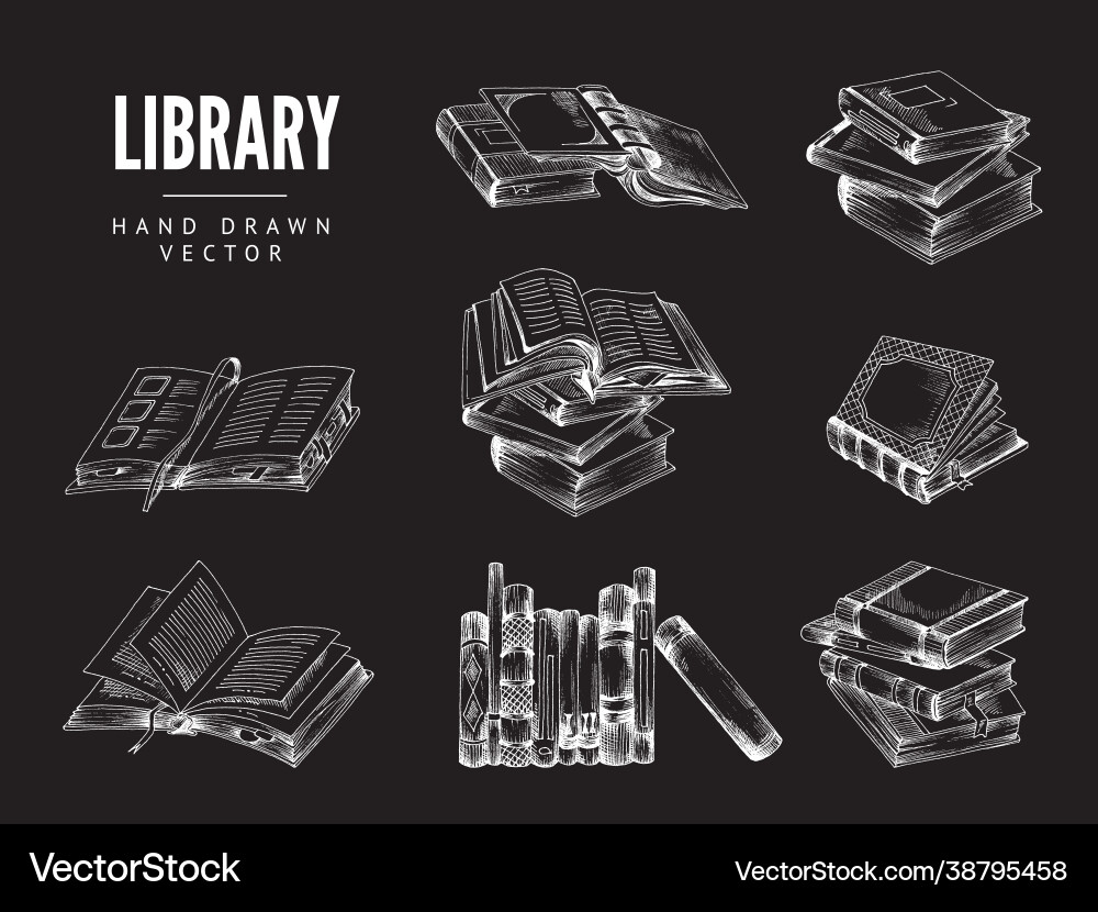 Set hand drawn chalk books on black background Vector Image