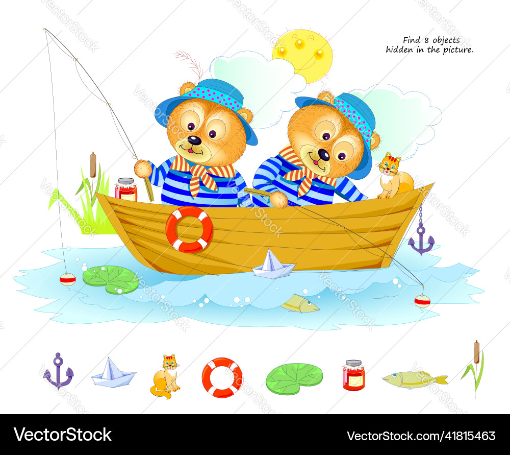 Logic puzzle game for kids find 8 objects hidden Vector Image