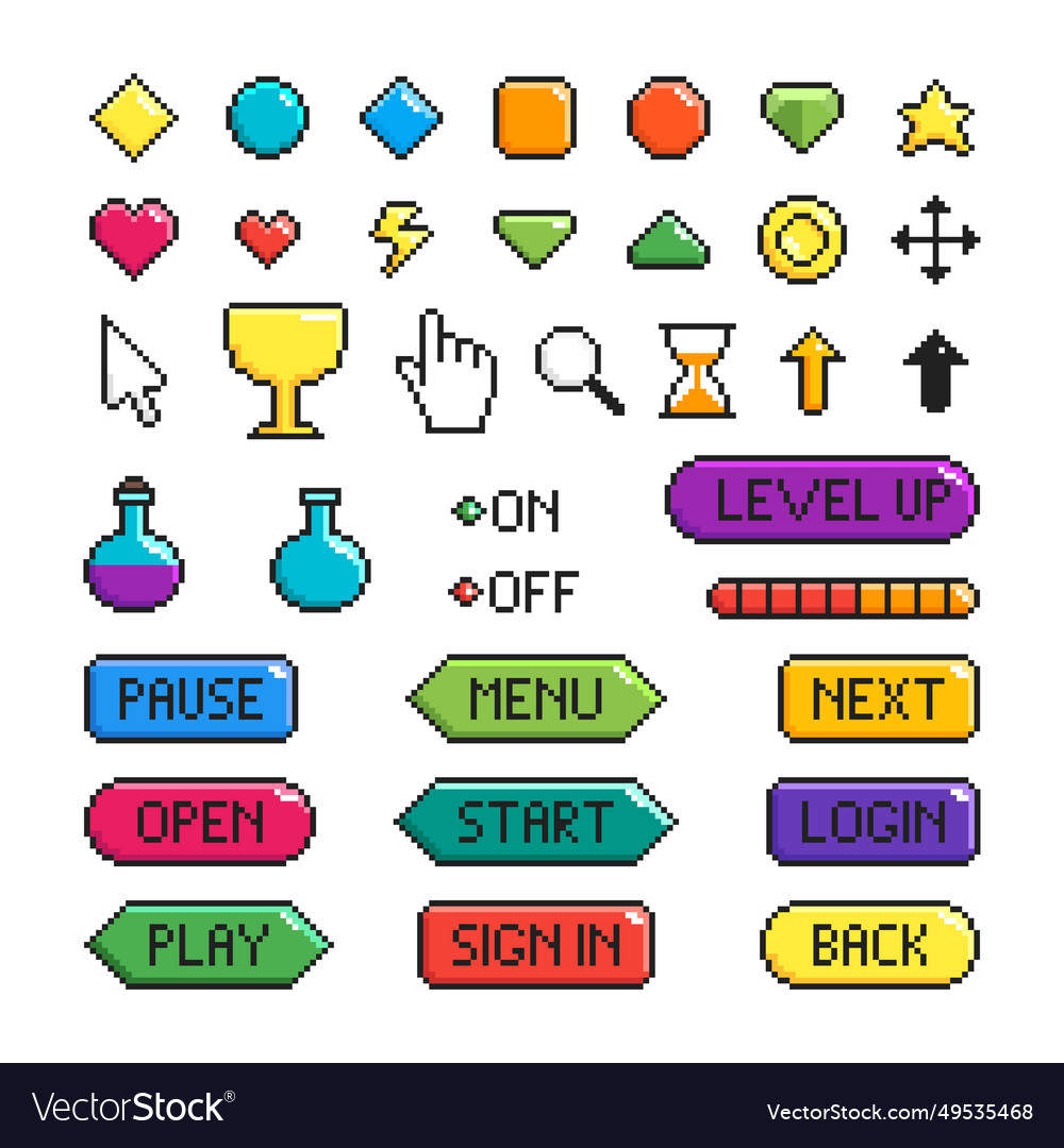 Cartoon color pixel game button icon set Vector Image
