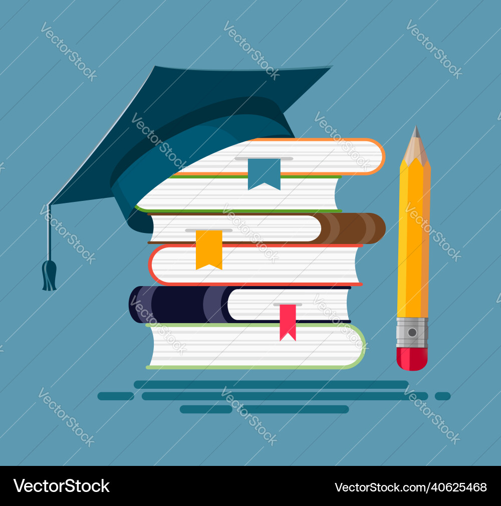 Stack of books with a graduate hat on top Vector Image