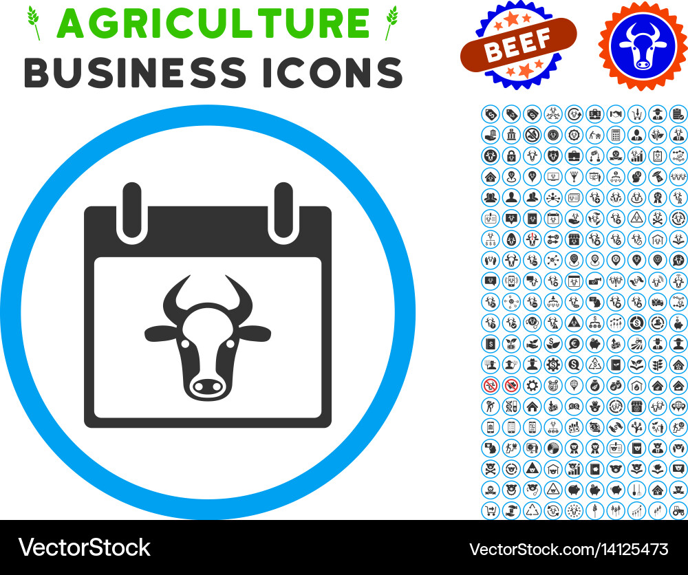 Cow calendar page rounded icon with set Royalty Free Vector