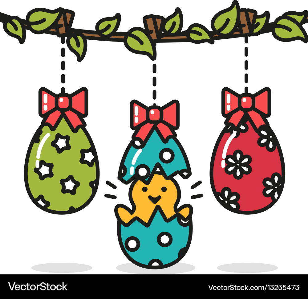 Easter eggs hanging and chicken funny surprise Vector Image