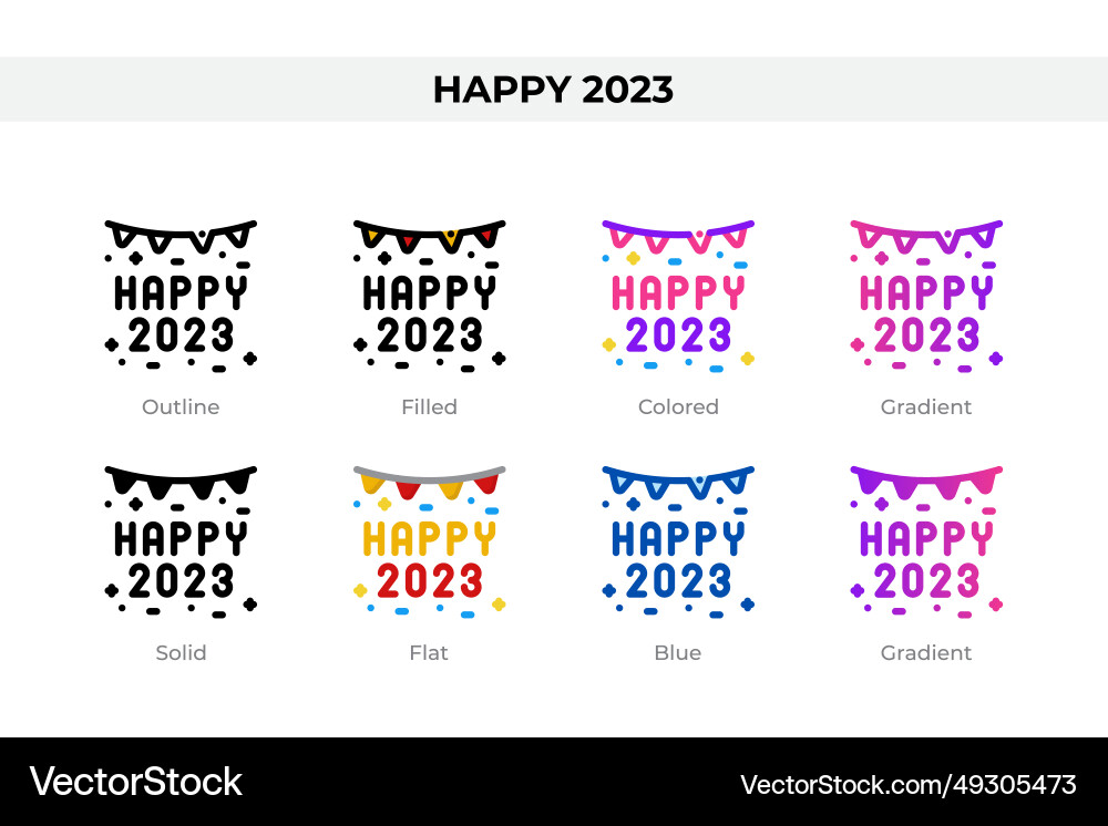 Happy 2023 icons in different style Royalty Free Vector