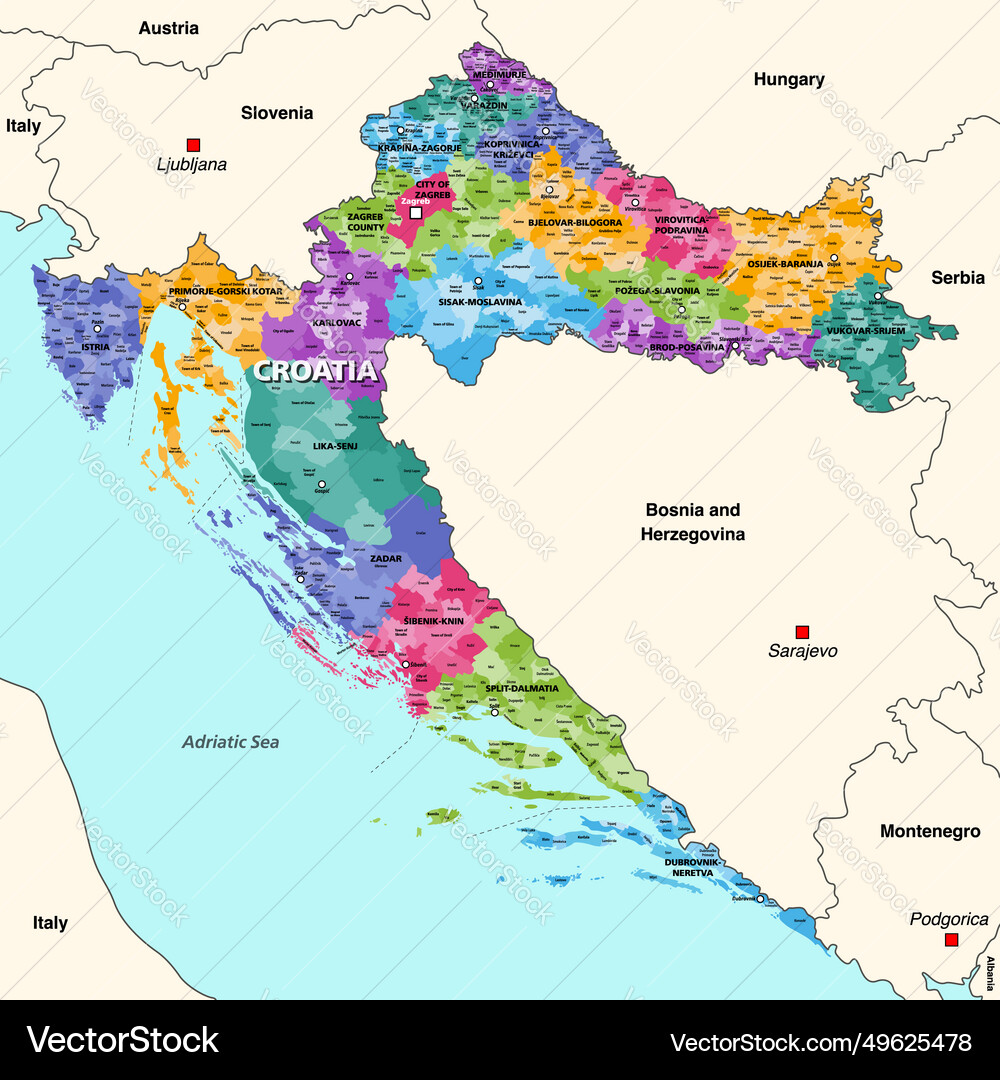 Croatia administrative divisions detailed map Vector Image