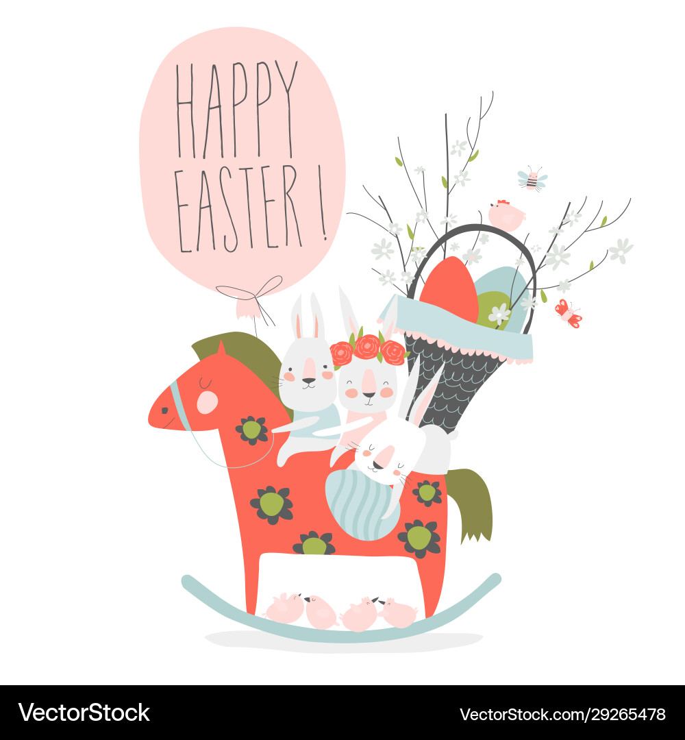 Cute cartoon bunny with easter eggs and flowers Vector Image