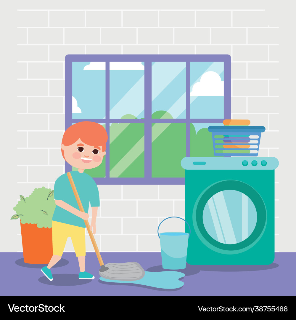 Boy mopping and cleaning supplies Royalty Free Vector Image