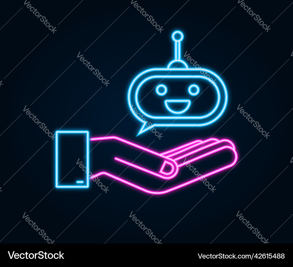 Cute smiling robot in hands neon icon Royalty Free Vector